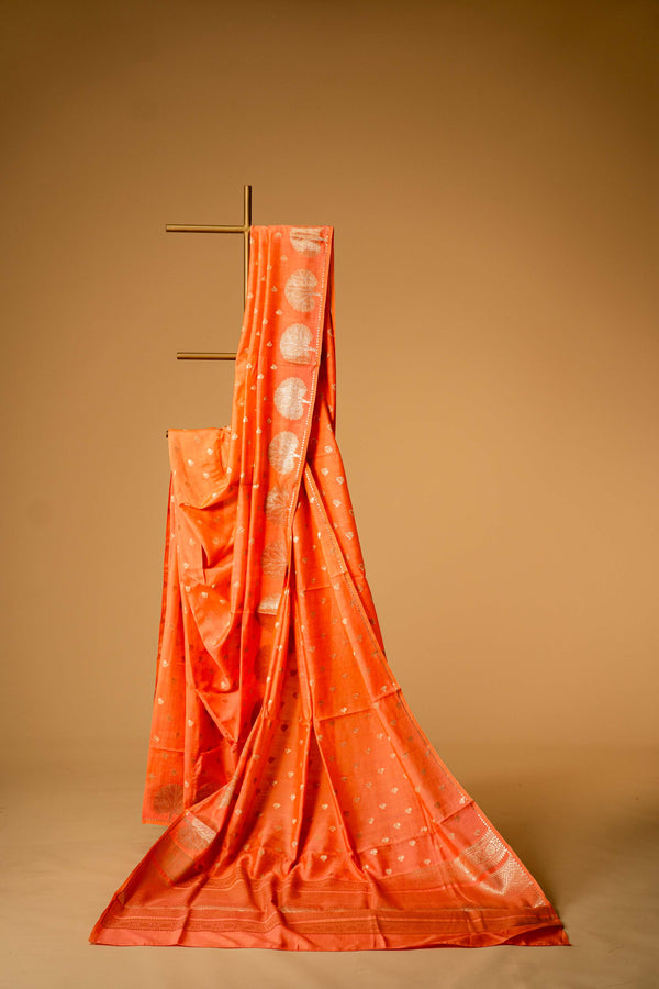 Orange Banarsi Cotton Silk Saree – Small Booti with Border – Atulyakarigari